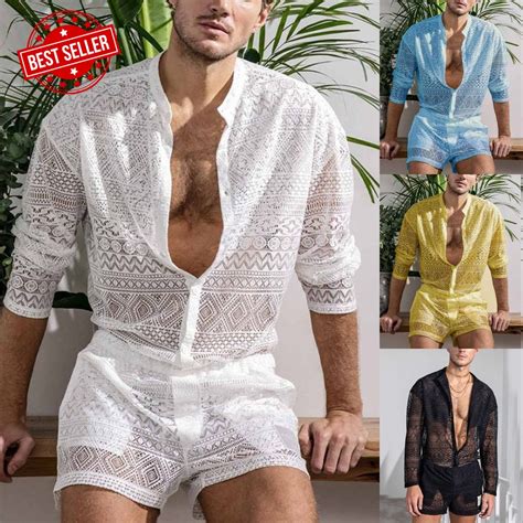 Conjunto De Renda Masculina Verão Manga Longa Camisa E Shorts Sexy