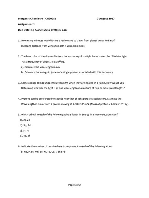 Inorganic Chemistry Assignment 1 2017 Pdf