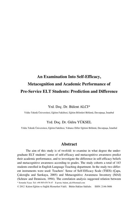 Pdf An Examination Into Self Efficacy Metacognition And Academic Performance Of Pre Service