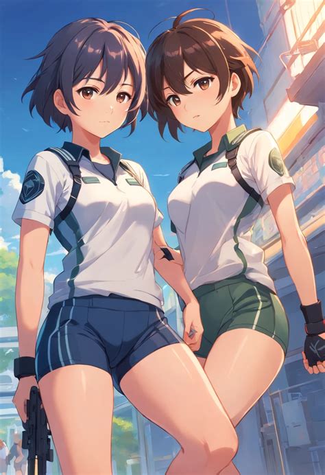 Two Anime Girls In Short Shorts And White Shirts Are Walking Down The
