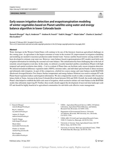 Early Season Irrigation Detection And Evapotranspiration Modeling Of