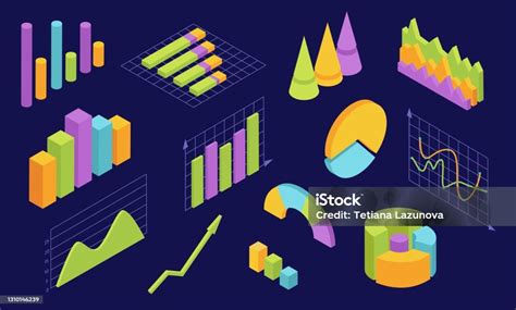 등등 측정 그래프 비즈니스에 대한 통계 차트입니다 3d 인포그래픽 다이어그램 및 그래픽 웨이브 경제 분석 웹 인터페이스 요소 벡터 세트 3차원 형태에 대한 스톡 벡터 아트