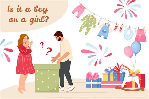 아기가 소년 또는 소녀인지 확인하기 위해 상자를 열 것으로 기대하는 커플 행복한 부모 선물 아기 옷과 함께 베이비 샤워 벡터 배너 디자인 축제 성별 공개 파티 초대장 카드