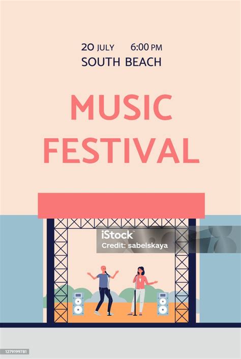 무대 플랫 벡터 일러스트레이션에서 공연하는 아티스트와 함께 하는 음악 축제 전단지 Live Event에 대한 스톡 벡터 아트 및 기타 이미지 Live Event 거리