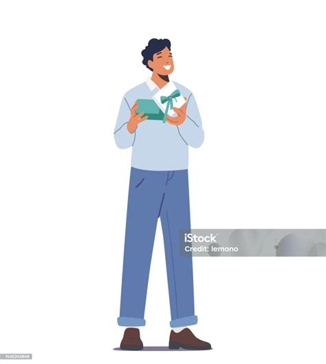 해피 맨은 선물 상자를 안으로 엽니 다 쾌활한 미소 짓는 남성 캐릭터는 생일 크리스마스 또는 새해를 축하합니다 12월에 대한 스톡 벡터 아트 및 기타 이미지 Istock