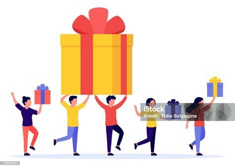 선물 상자와 행복한 사람들의 그룹 보상 상금 경품 보너스 추천 프로그램 벡터 일러스트레이션 개념에 대한 스톡 벡터 아트 및 기타 이미지 Istock