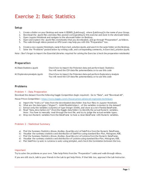 Exercise 2 Problem Lab 2 Page 1 Exercise 2 Basic Statistics Setup