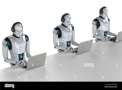 Chat bot concept with 3d rendering humanoid robot with headset work on computer notebook Stock ...