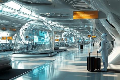 Futuristic Airport Terminal With Virtual Checkin And Digital Interfaces Premium Ai Generated Image