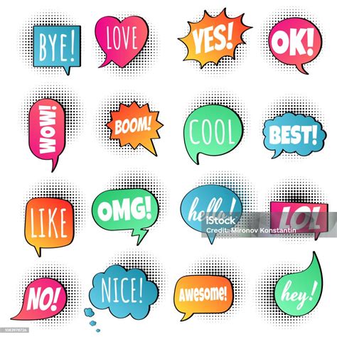 16 음성 거품 플랫 텍스트 하프톤에 그라데이션 스타일 디자인 사랑 그래 롤 쿨 와우 붐 같은 네 손으로 그린 만화 만화 스타일 설정 벡터 일러스트 레이 션 흰색 배경에