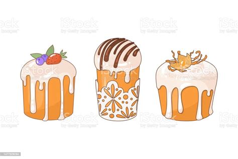 부활절 케이크 세트입니다 4 월의 부활절 전통 축하 행사 봄 휴가에 집을 꾸미기위한 이미지 달콤한 파이는 착빙으로 덮여 있습니다 벡터 그림입니다 4월에 대한 스톡 벡터 아트