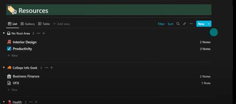 toggle list for areas and resources r notion