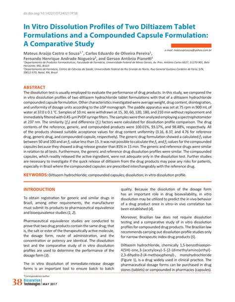 Pdf In Vitro Dissolution Profiles Of Two Diltiazem Tablet