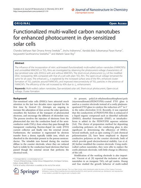 Pdf Functionalized Multi Walled Carbon Nanotubes For Enhanced Photocurrent In Dye Sensitized