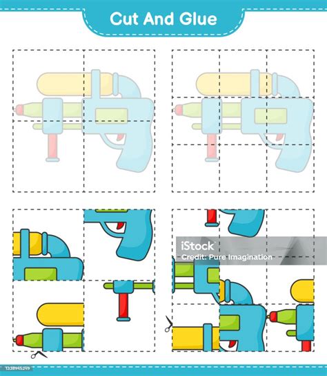 잘라 접착제 물 총의 일부를 잘라 접착제 교육 어린이 게임 인쇄 워크 시트 벡터 일러스트레이션 0명에 대한 스톡 벡터 아트 및