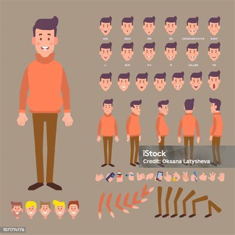 젊은 사람이 다양 한 플레이 헤어스타일 입술 Synching 감정 자세 및 제스처 창조 남성에 대한 스톡 벡터 아트 및 기타