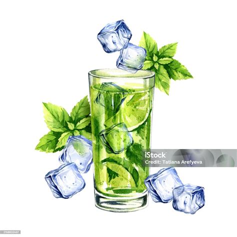 민트의 신선한 잎 푸른 얼음 조각 상쾌한 음료의 여름 구성 일러스트레이션 차가운 음료의 손으로 그린 스케치 흰색 배경 메뉴의 모히토 칵테일의 수채화 유리 0명에 대한 스톡