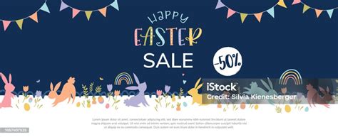 토끼 꽃 부활절 달걀 아름다운 배경 부활절 광고 배너 배경 화면에 대 한 귀여운 손으로 그린 부활절 판매 디자인 벡터 디자인 부활제에 대한 스톡 벡터 아트 및 기타 이미지