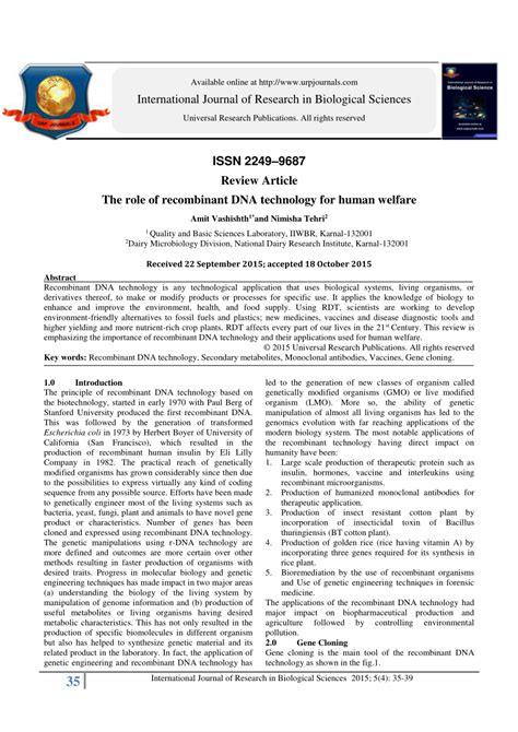 Pdf The Role Of Recombinant Dna Technology For Human Welfare