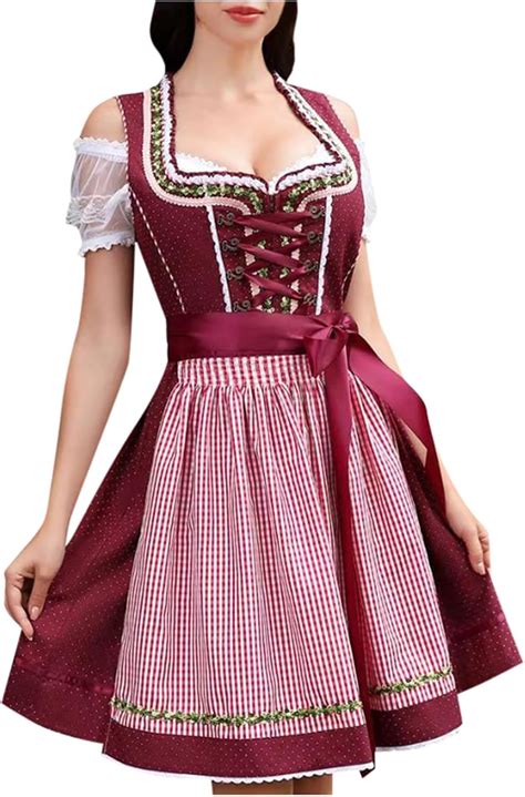 Generic Womens Red Velvet Dirndl Dress With Blouse And Apron One Size