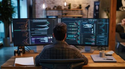 Premium Photo Software Developer Working On Code In Dual Monitor