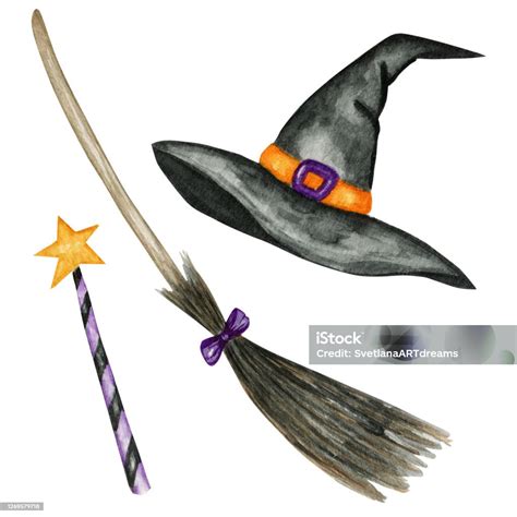 할로윈 마녀 모자 빗자루 매직 지팡이 세트 오렌지 벨트가 달린 수채화 블랙 마법사 의상 캡 흰색 배경에 할로윈 파티 고립 된 그림의 상징 10월에 대한 스톡 벡터 아트 및