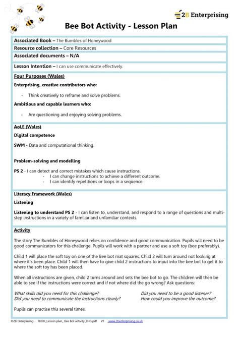Bee Bot Activity Lesson Plan 2b Enterprising