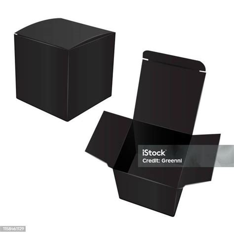 사각형 검은 색 골판지 플라스틱 패키지 상자 벡터 일러스트레이션 세트입니다 모의 업 템플릿 포장에 대한 스톡 벡터 아트 및 기타