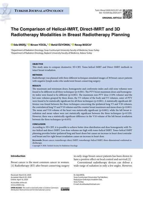 Pdf The Comparison Of Helical Imrt Direct Imrt And 3d Radiotherapy Modalities In Breast