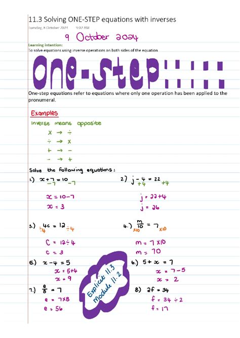 11 3 Notes Solving One Step Equations Using Inverse Operations Lesson