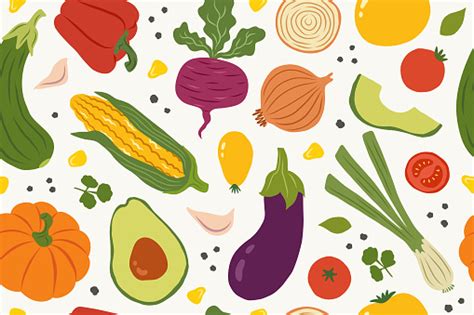 손으로 그린 야채와 완벽 한 패턴 호박 토마토 양파 고추 부추 가지 호박 옥수수 비트 비건 채식과 건강한 음식 농장 유기농 제품