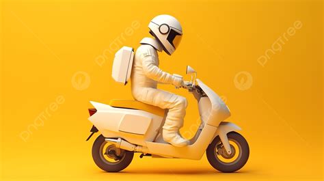 노란색 배경에 대해 3d 렌더에서 모터 스쿠터에 있는 우주 비행사의 보기 전기 자전거 모터 달린 자전거 스포츠 바이크 배경