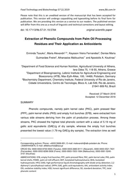 Pdf Extraction Of Phenolic Compounds From Palm Oil Processing Residues And Their Application