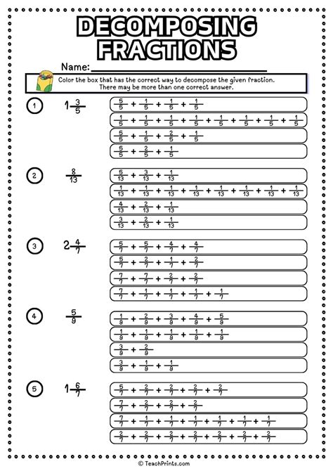 Free Decomposing Fractions Worksheets Teach Prints