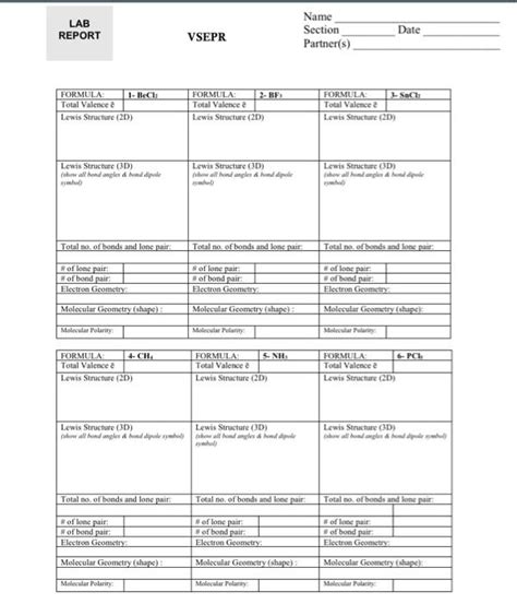 solved lab report name section partner s date vsepr formula