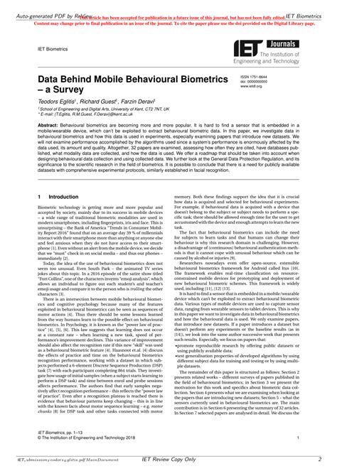 Pdf Data Behind Mobile Behavioural Biometrics A Survey