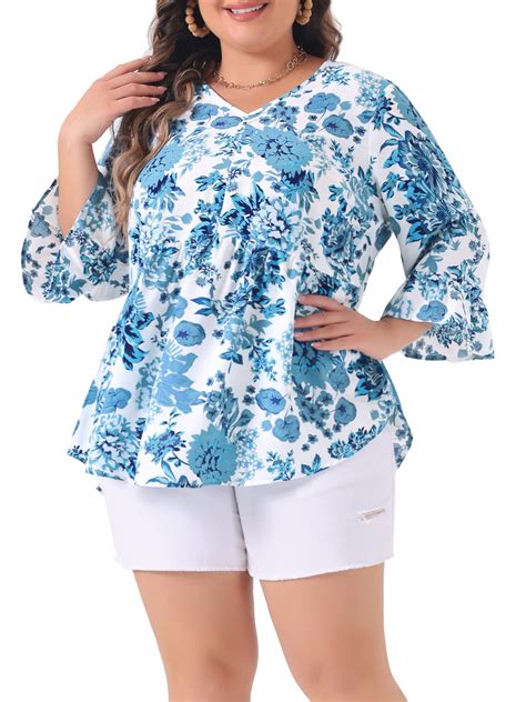 Agnes Orinda Plus Size Floral Blouses For Women V Neck Short Ruffle