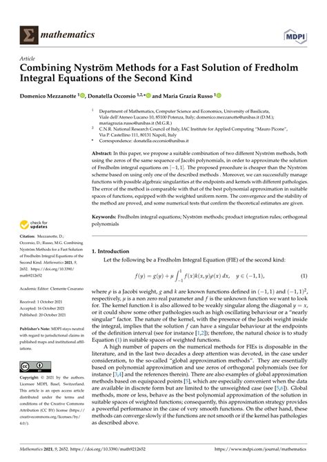 Pdf Combining Nyström Methods For A Fast Solution Of Fredholm