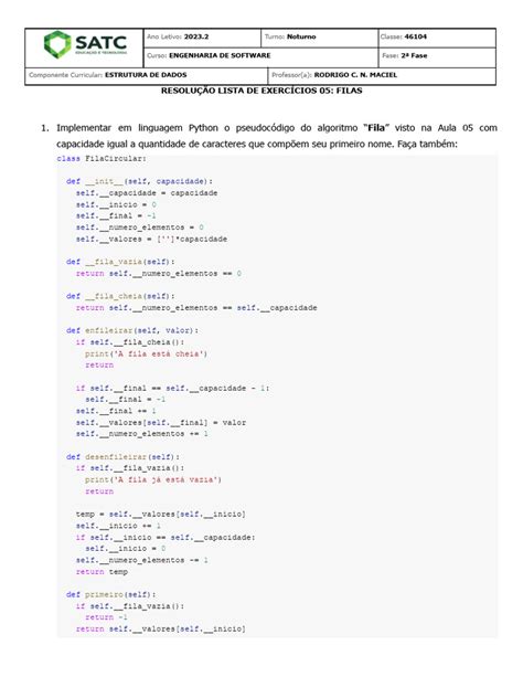 ResoluÇÃo Lista De Exercícios 05 Filas Pdf Python Linguagem De Programação Tecnologia
