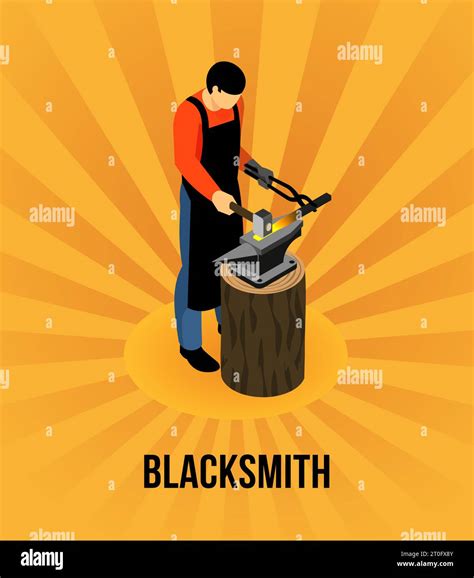 Blacksmith During Metal Work Isometric Concept On Radial Orange Background Vector Illustration