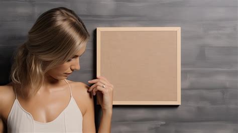 Premium Ai Image Woman Hangs Empty Square Wooden Frame On Wall Mockup Image