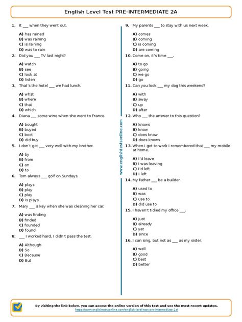 3 English Level Test Pre Intermediate 2a Pdf