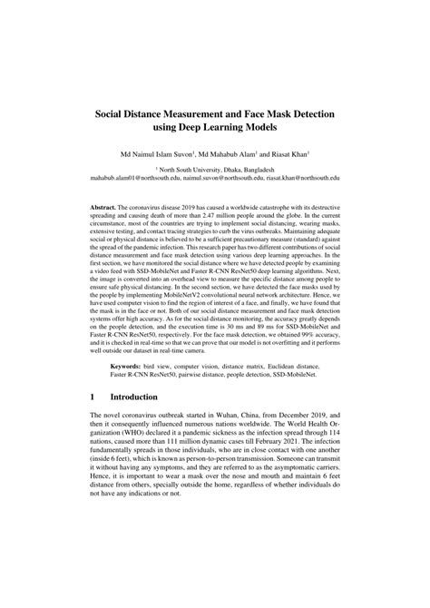 Pdf Social Distance Measurement And Face Mask Detection Using Deep Learning Models