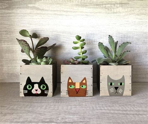 Mini Cat Planters Set Of 3 Small Handmade Wood Boxes Garden T For
