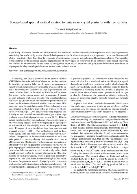 Pdf Fourier Based Spectral Method Solution To Finite Strain Crystal Plasticity With Free Surfaces