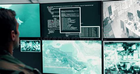 Man Army And Computer Screen For Security Surveillance Military Air Control And Monitoring War
