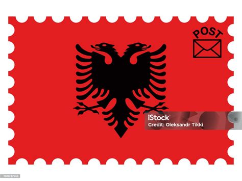 우표 내부 알바니아 국기 배경에 격리됩니다 원래 색상과 비율 창의적 벡터 일러스트레이션 국가 집합 엽서 로고 문자 국가 관광명소에 대한 스톡 벡터 아트 및 기타 이미지