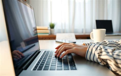 Pov Shot From A Laptop Screen Showing A Womans Hands Typing In A Well Lit Office Stock Photo