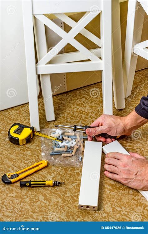 Tools Instructions And Details For Assembly Furniture Man Hands Stock