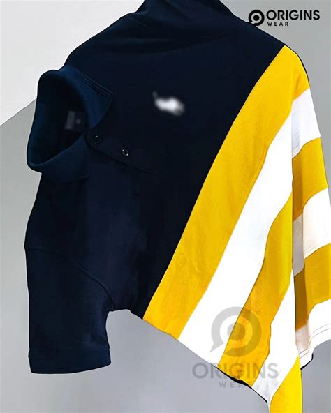Navy Blue Yellow White Striped Collar T Shirts